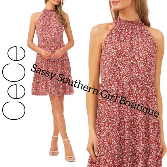 CeCe | Dresses | Cece Red Floral Halter Dress | Poshmark